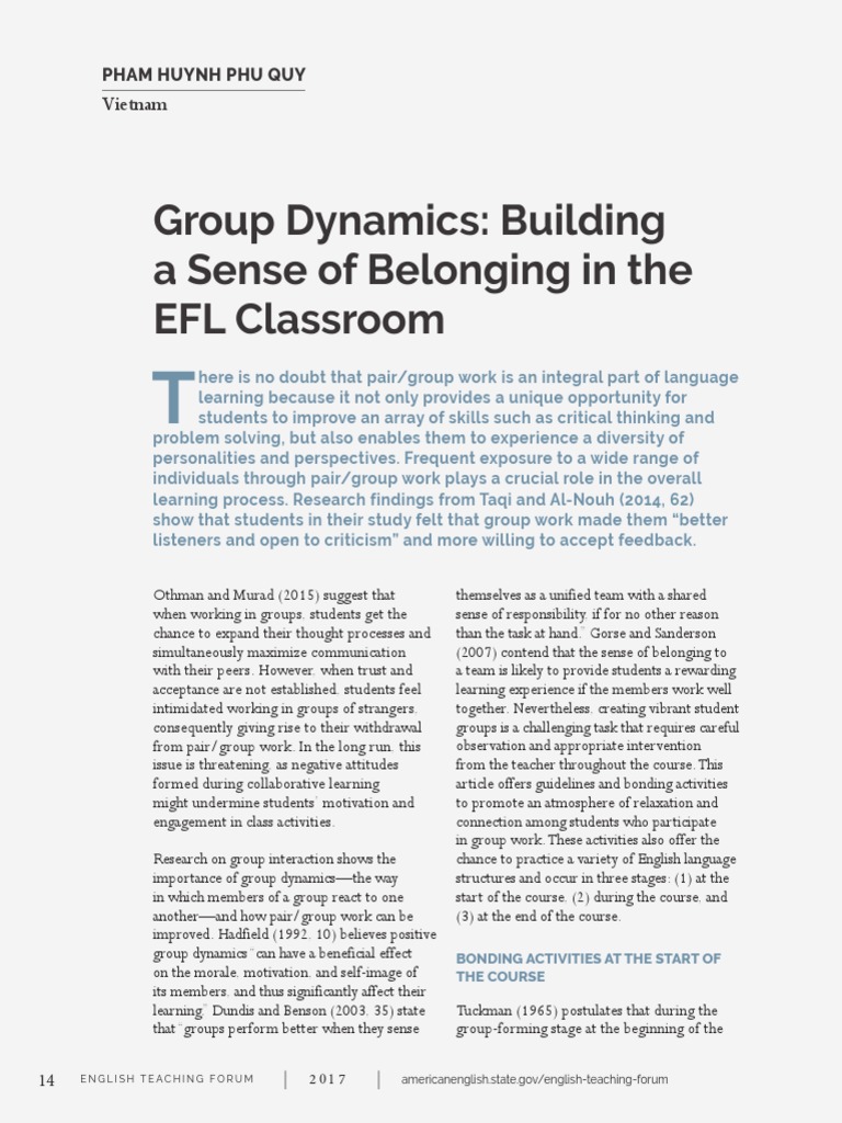 Group Dynamics: Building A Sense of Belonging in The EFL Classroom ...