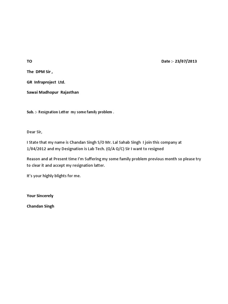 Resignation Letter Format For Family Problem