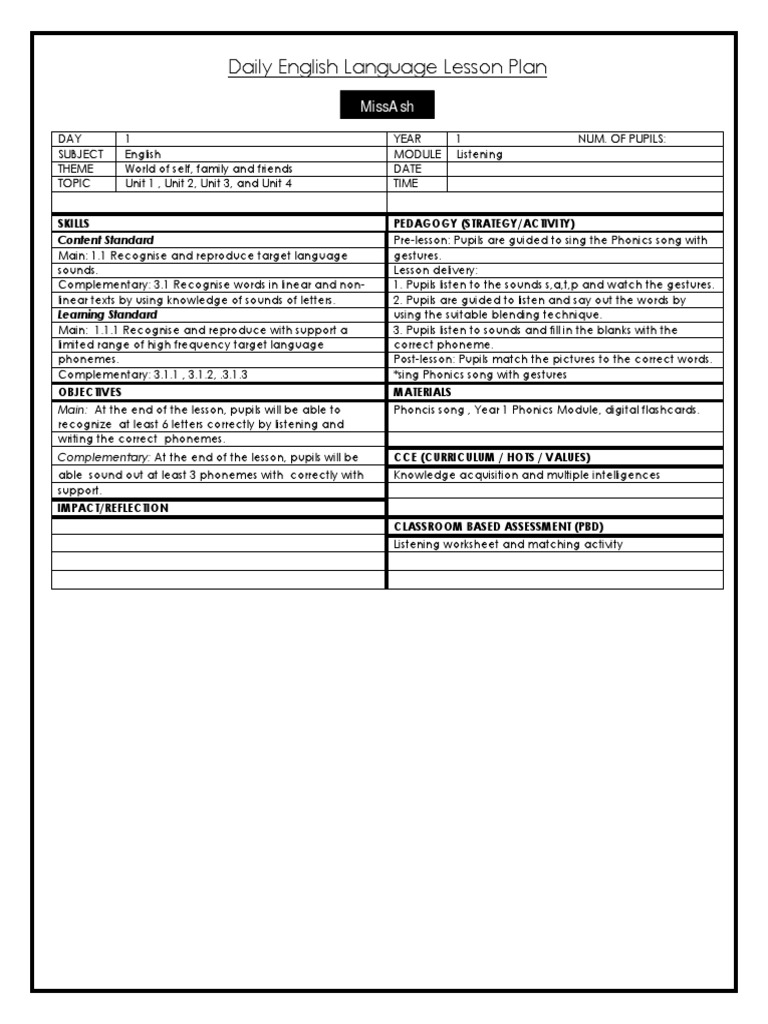 Year 1 Phonics Lesson Plan | Phonics | Lesson Plan