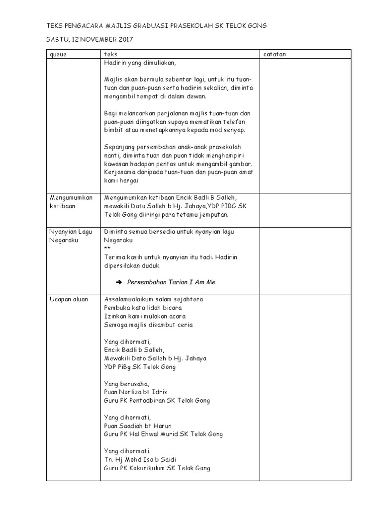 Teks Pengacara Majlis Graduasi Prasekolah | PDF