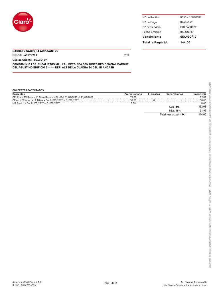 Recibo de Claro | PDF | Telecomunicaciones | Redes