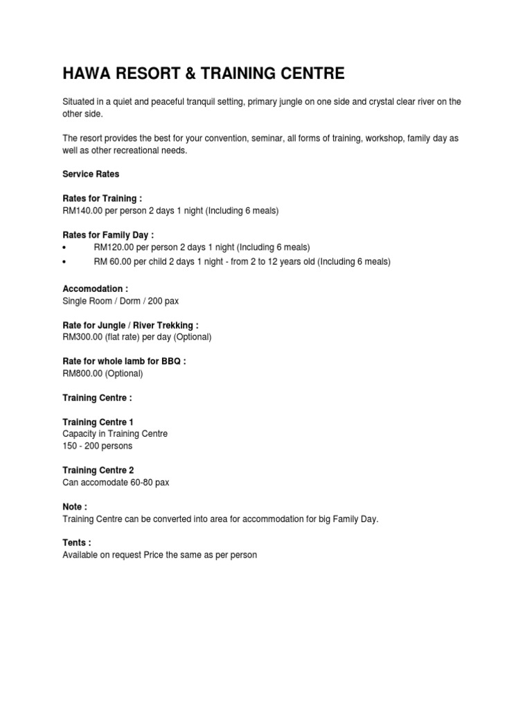 Hawa Resort & Training Centre: Service Rates Rates For Training | PDF