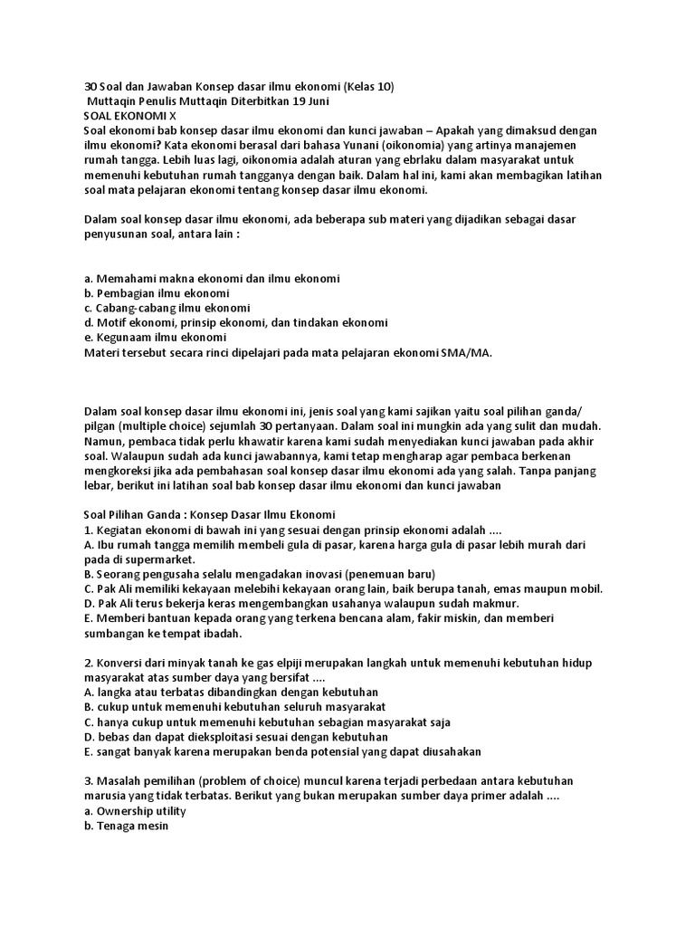 30 Soal Dan Jawaban Konsep Dasar Ilmu Ekonomi (Kelas 10) | PDF