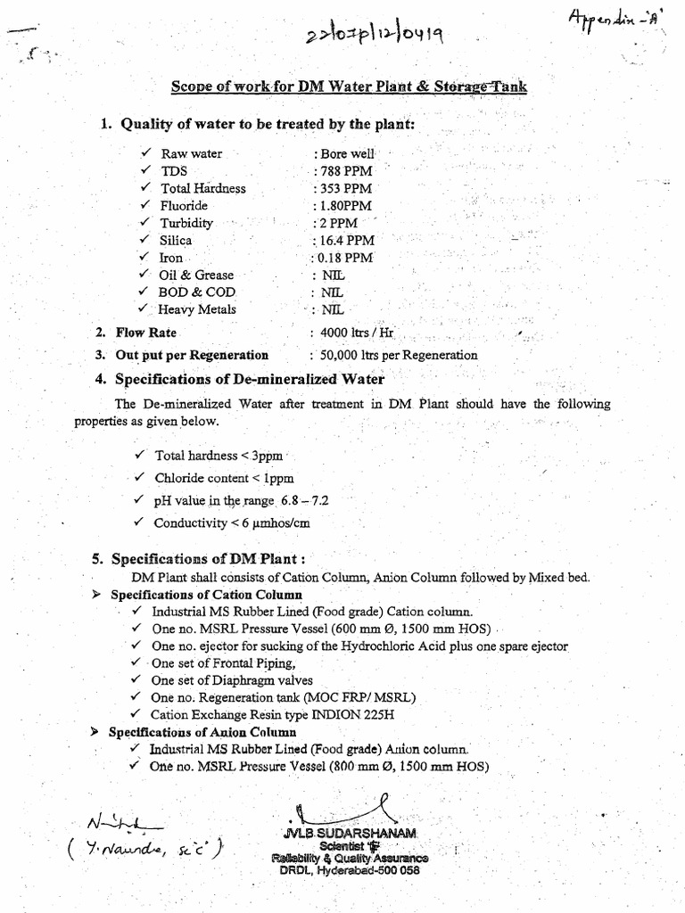 DM Water Plant Scope & Specifications | PDF | Hydrochloric Acid | Ion ...