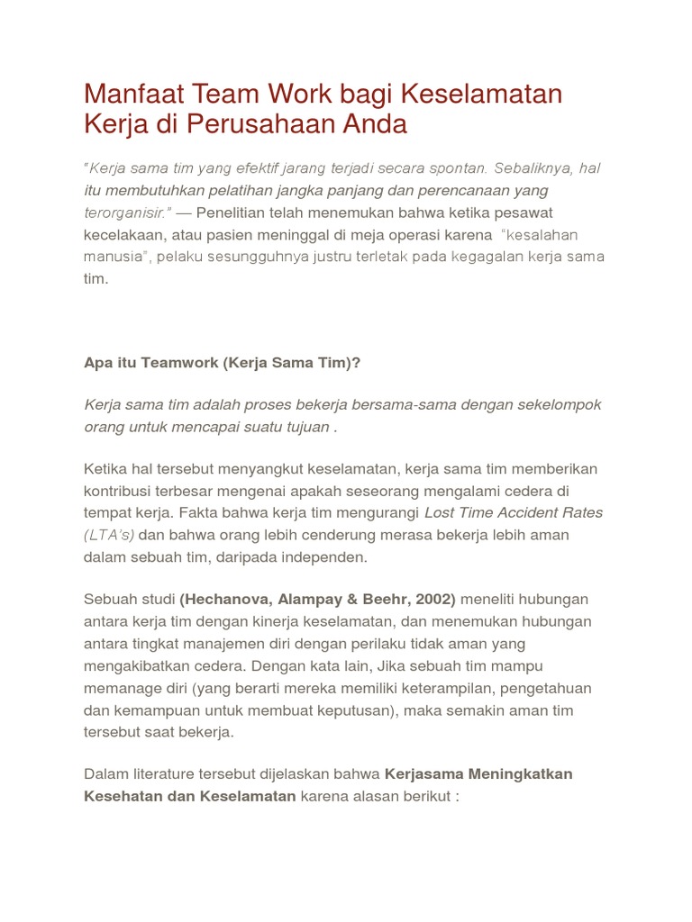 Manfaat Team Work Bagi Keselamatan Kerja Di Perusahaan | PDF