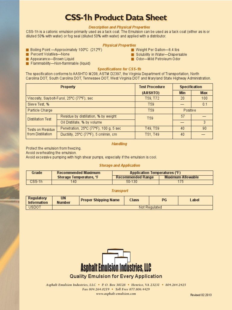 CSS-1h Product Data Sheet: Quality Emulsion For Every Application | PDF ...