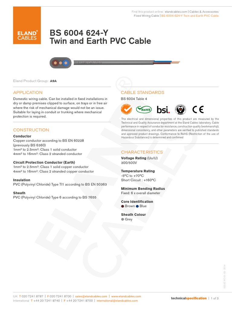 Bs 6004 624 y Twin and Earth PVC Cable | PDF | Electrical Wiring ...