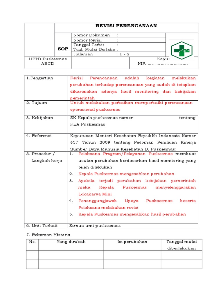 1.1.5.4 SOP Revisi Perencanaan Operasional Puskesmas | PDF