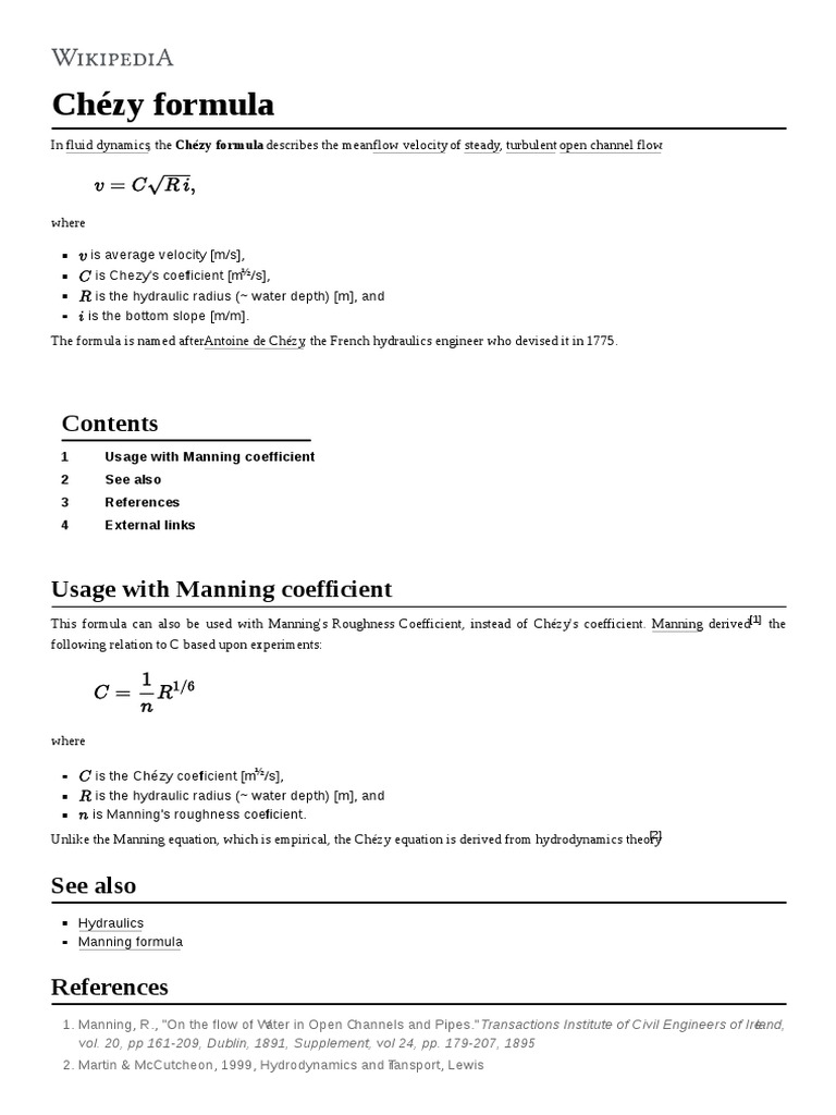 Chézy Formula: 1 Usage With Manning Coefficient 2 See Also 3 References ...