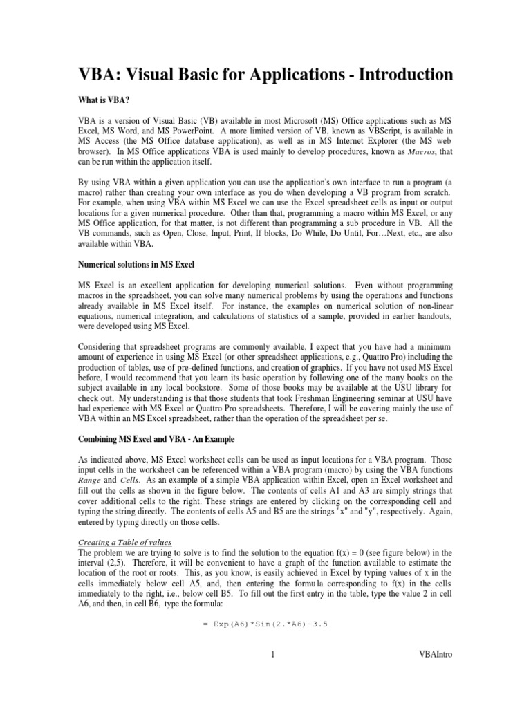 VBA: Visual Basic For Applications - Introduction | PDF | Visual Basic For Applications ...