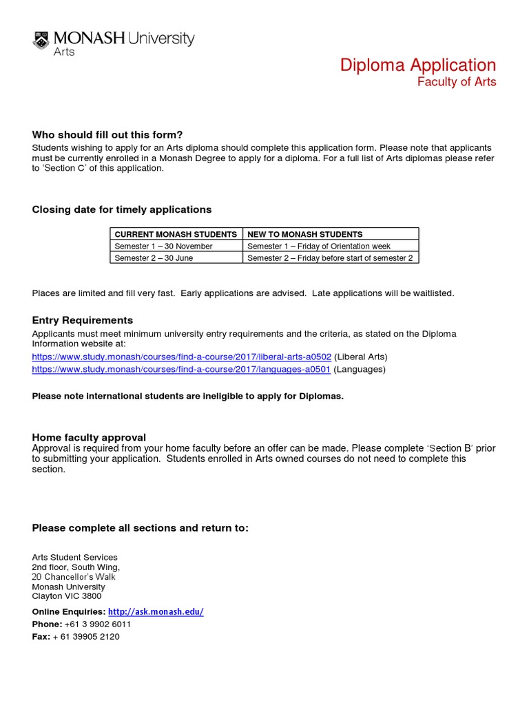 Monash Undergraduate Diploma Application Form 2017 | PDF | Privacy ...