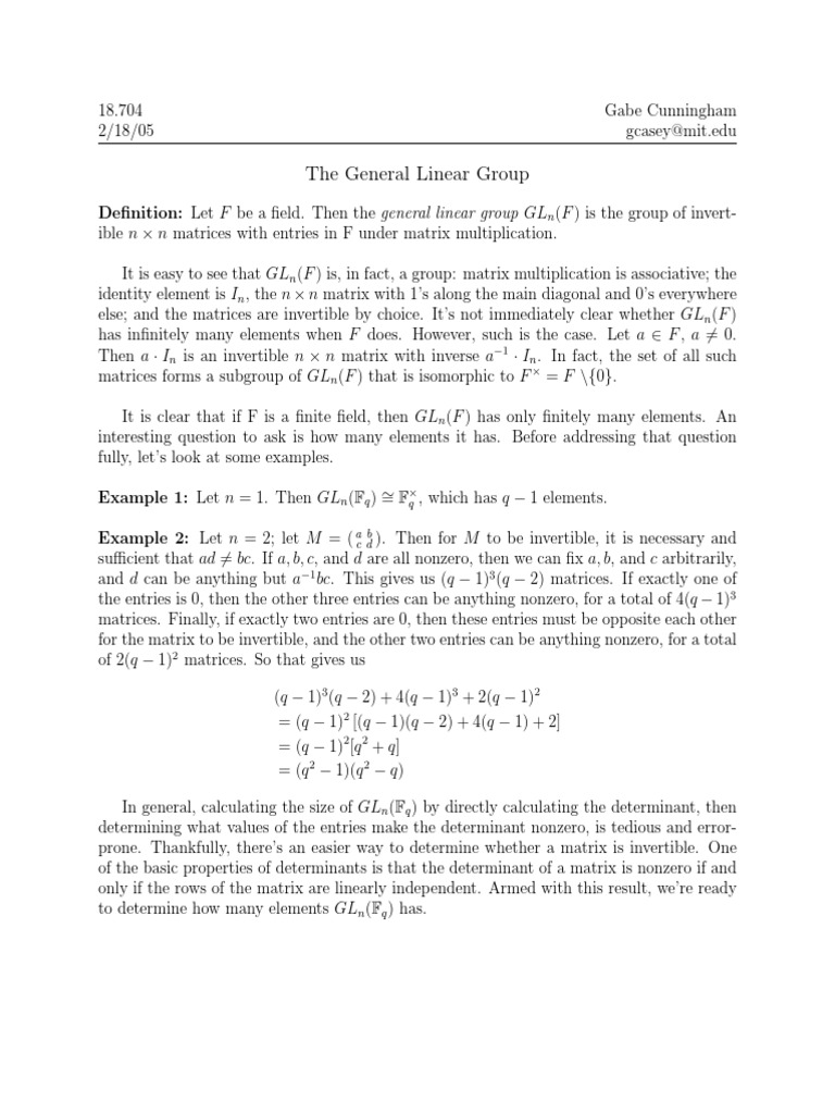 The General Linear Group PDF | PDF | Matrix (Mathematics) | Determinant