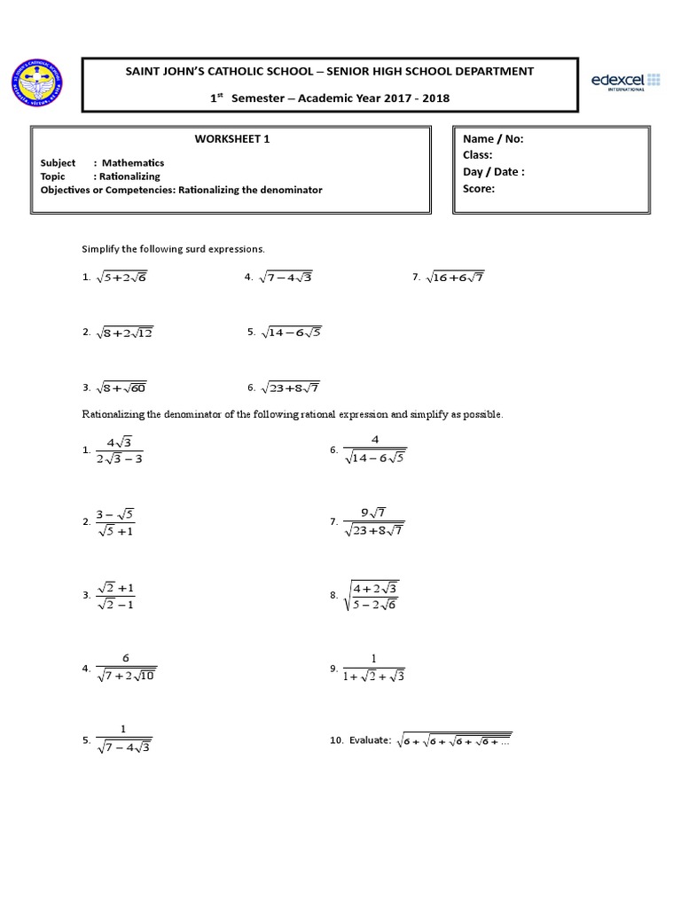 Worksheet 1 (Rationalizing) | PDF