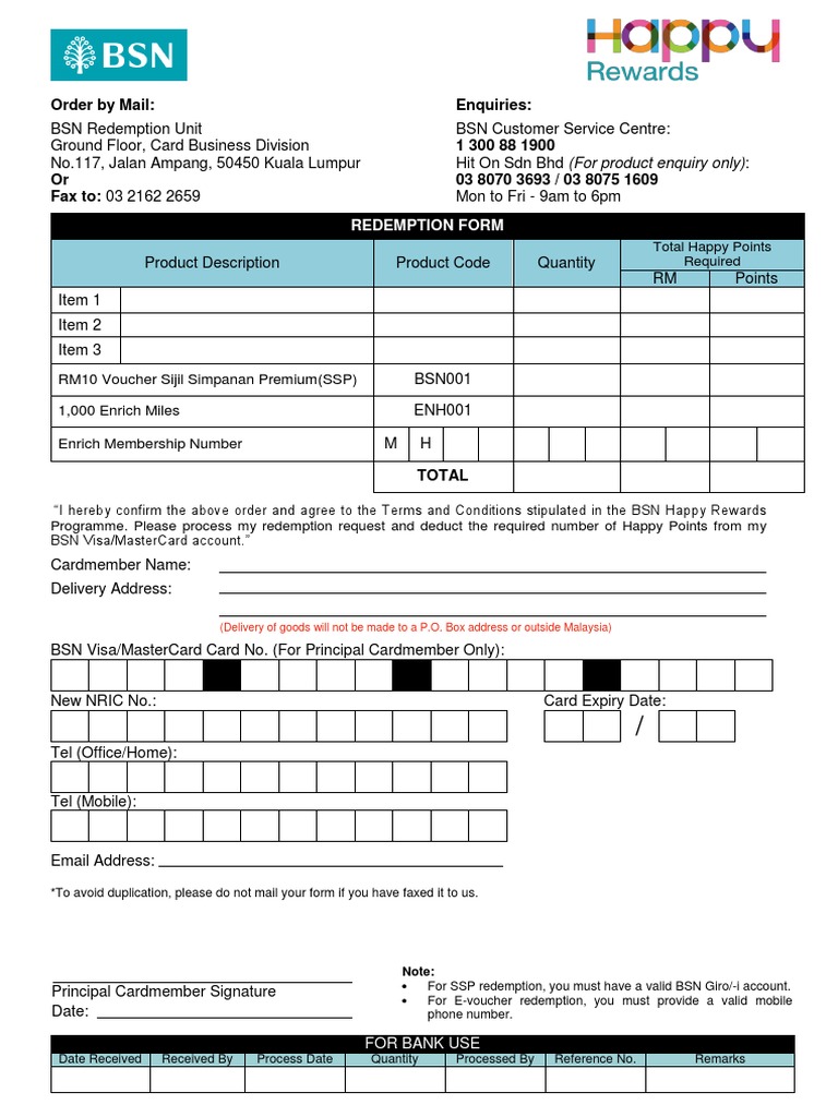 BSN Happy Rewards Redemption Form | PDF | Financial Technology ...