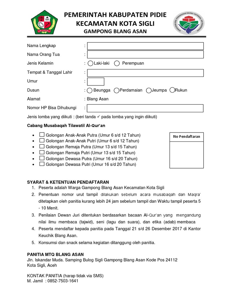 Formulir Pendaftaran MTQ | PDF