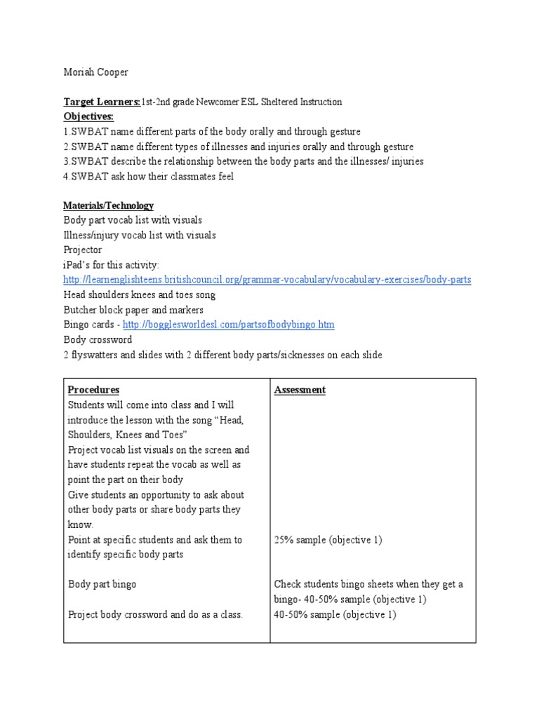 Body Part Lesson Plan | Teaching | Pedagogy