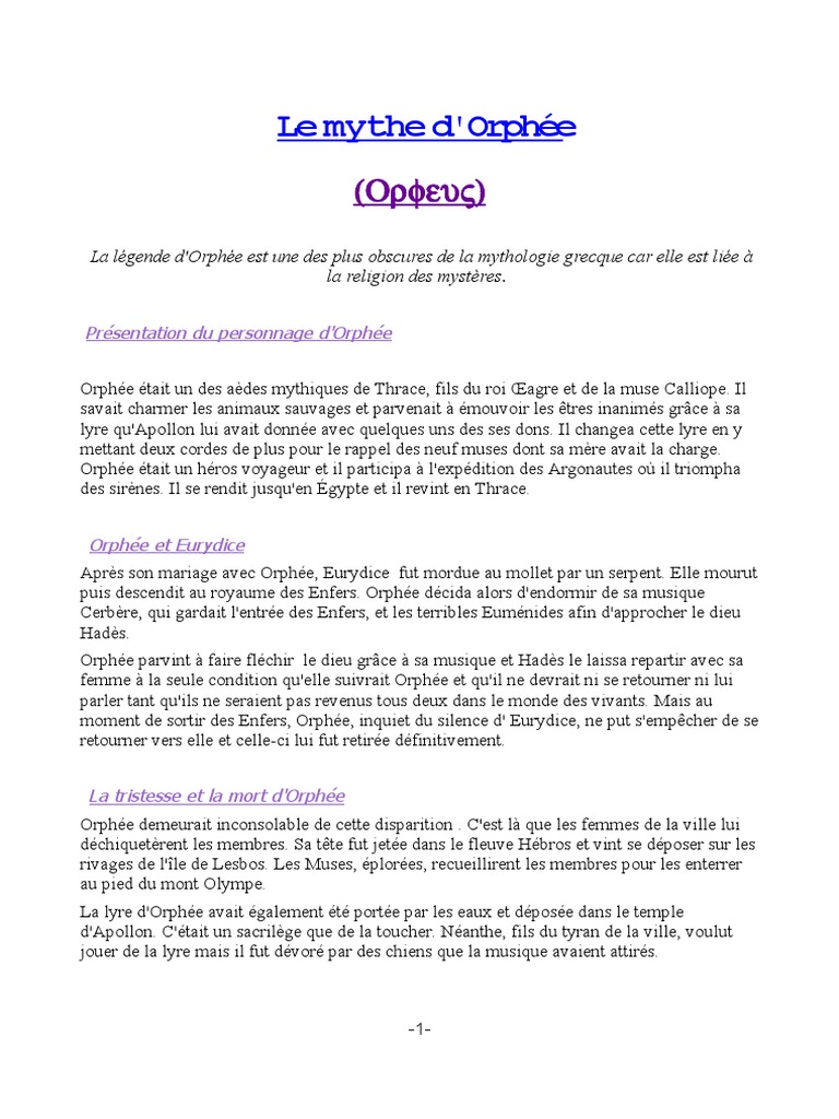 Le Mythe d'Orphée et Eurydice | PDF | Orphée | Mythologie grecque