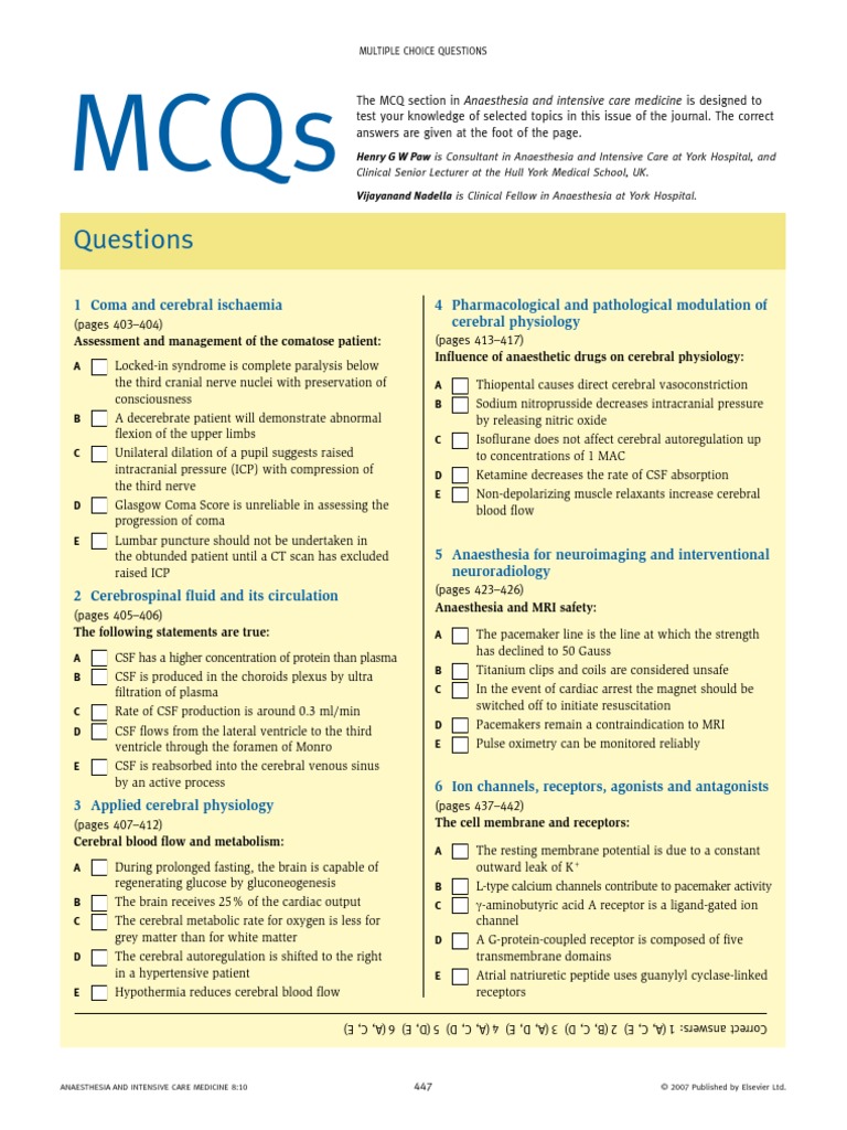 MCQs 2007 Anaesthesia Intensive Care Medicine50 | PDF | Coma ...