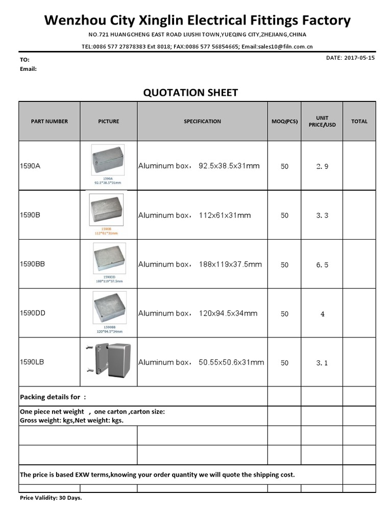 Quotation Sheet: Aluminum Box 92.5x38.5x31mm 50 2.9 | PDF | Business ...