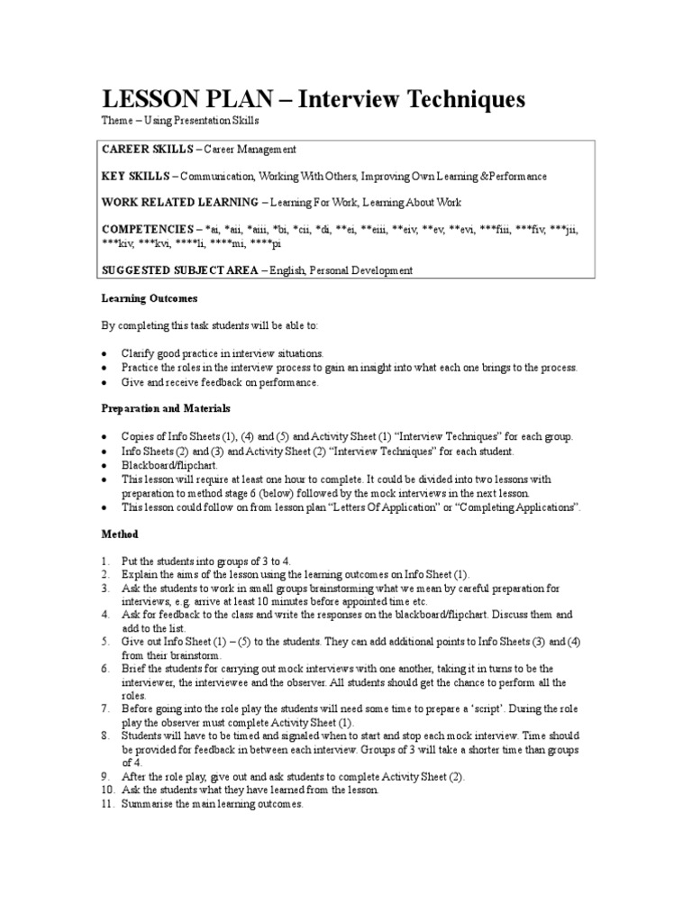 Lesson Plan 13 - Interview Techniques | PDF | Lesson Plan | Employment