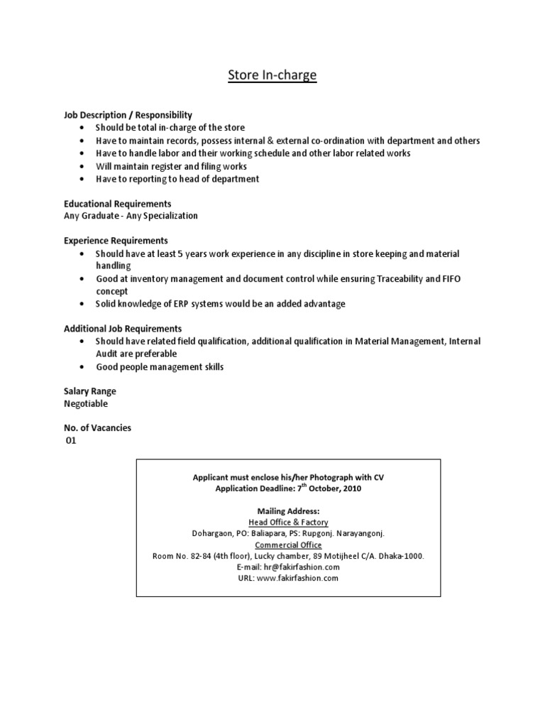 Store in Charge: Job Description / Responsibility | PDF