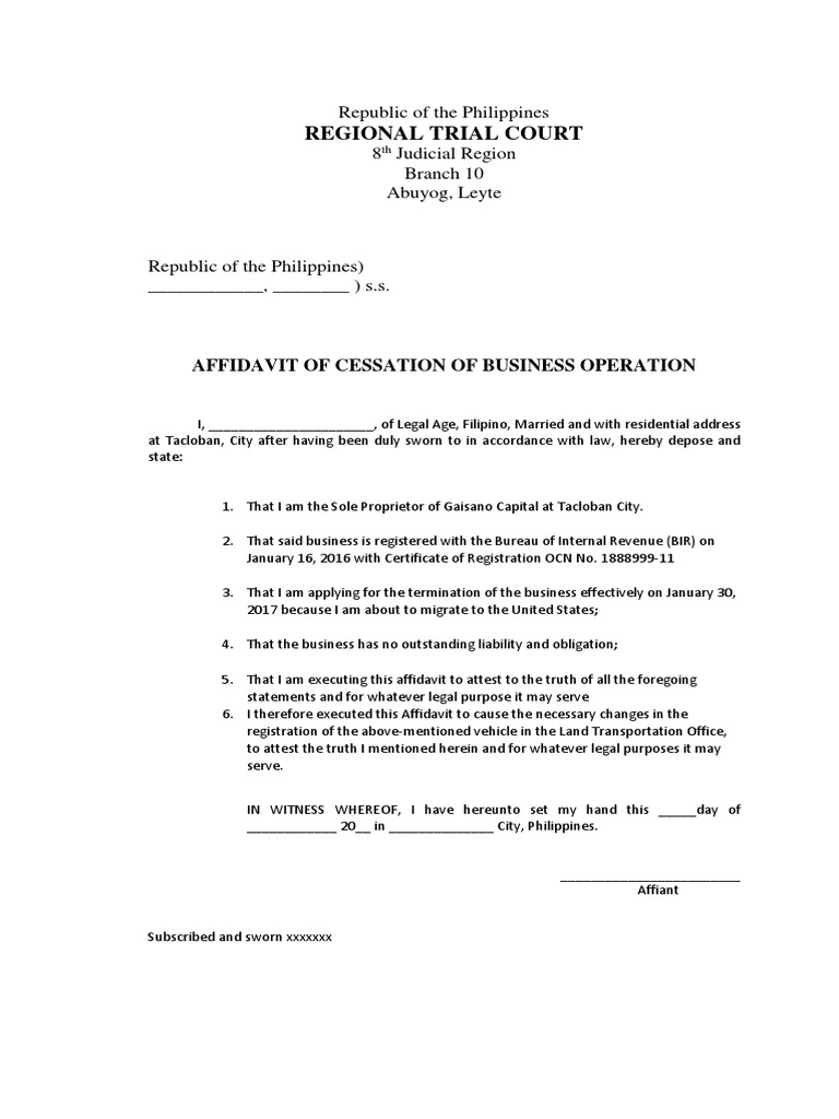 Affidavit of Cessation of Business Operation | PDF