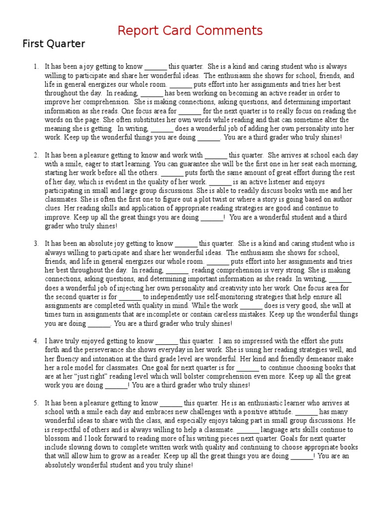 Positive Report Card Comments for K-3 | PDF | Reading Comprehension ...