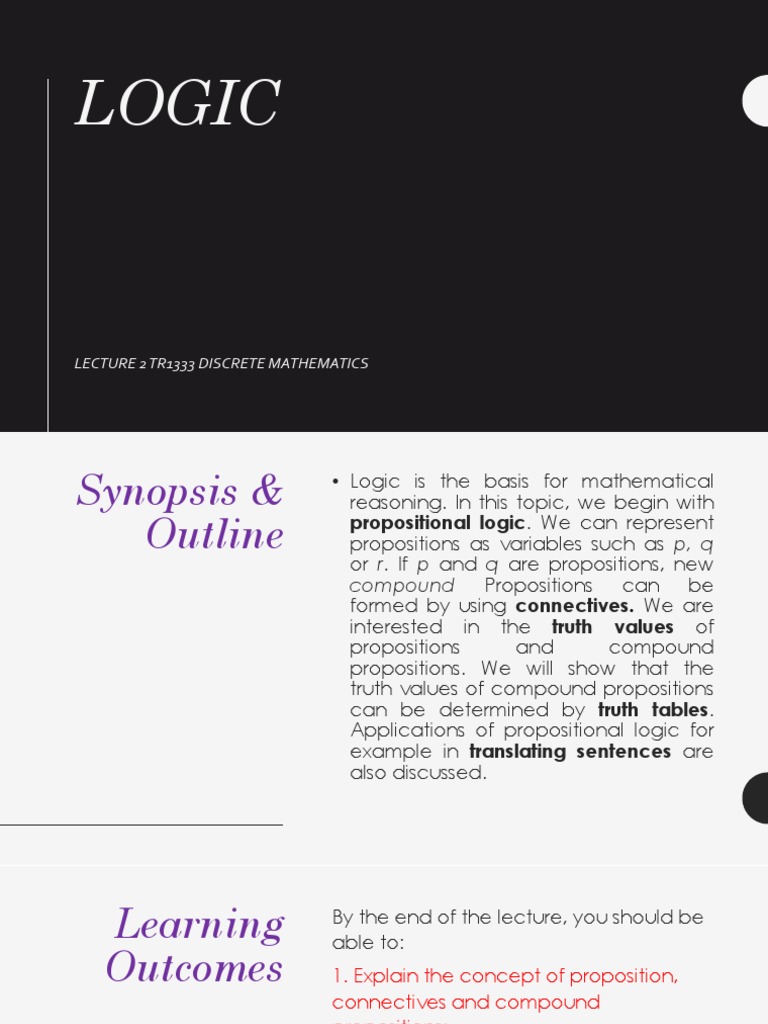 Logic: Lecture 2 Tr1333 Discrete Mathematics | PDF | Proposition | Logic