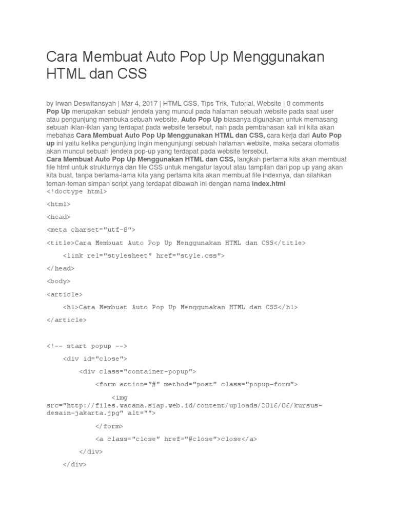 Cara Membuat Auto Pop Up Menggunakan HTML Dan CSS | PDF