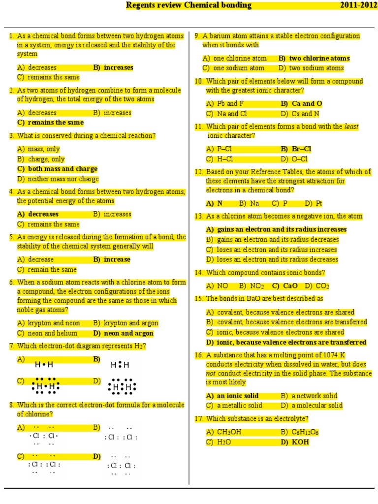 Regents Review Chemical Bonding Key | PDF | Chemical Polarity ...