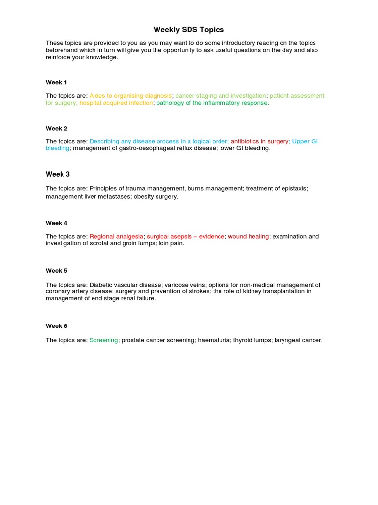 Weekly Surgical Topics Overview | PDF