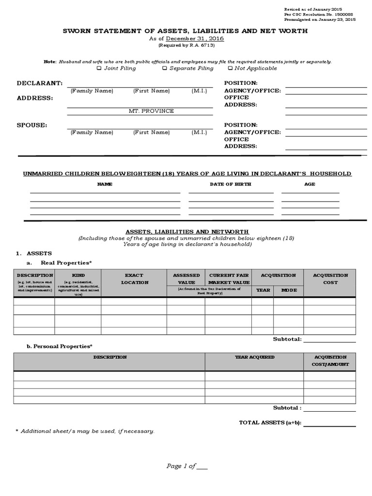 2015 Saln Form | Identity Document | Business