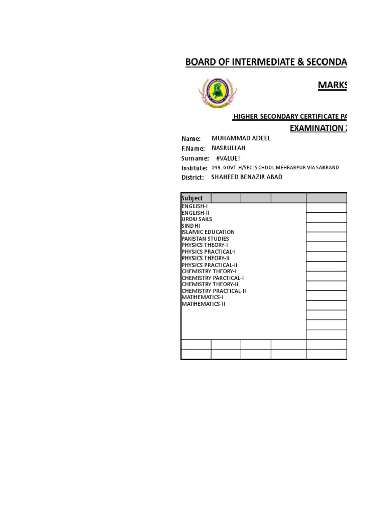 Board of Intermediate & Secondary Education Hyderabad Sindh. Marksheet ...