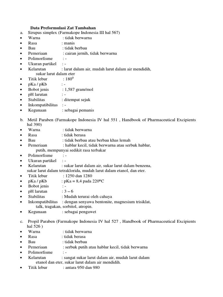 Data Preformulasi Zat Tambahan | PDF