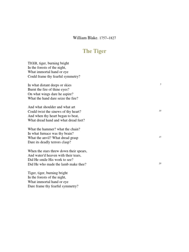 The Tiger: William Blake | PDF | William Wordsworth | William Blake