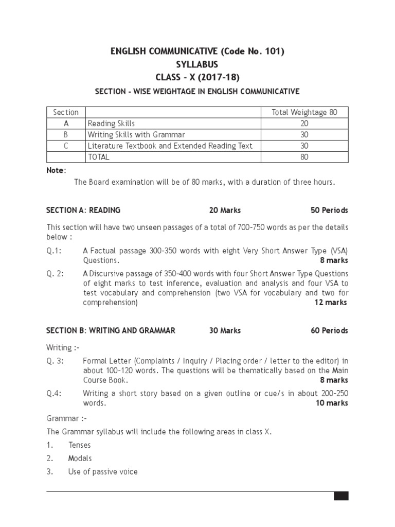 English Communicative (Code No. 101) Syllabus CLASS - X (2017-18) | PDF ...
