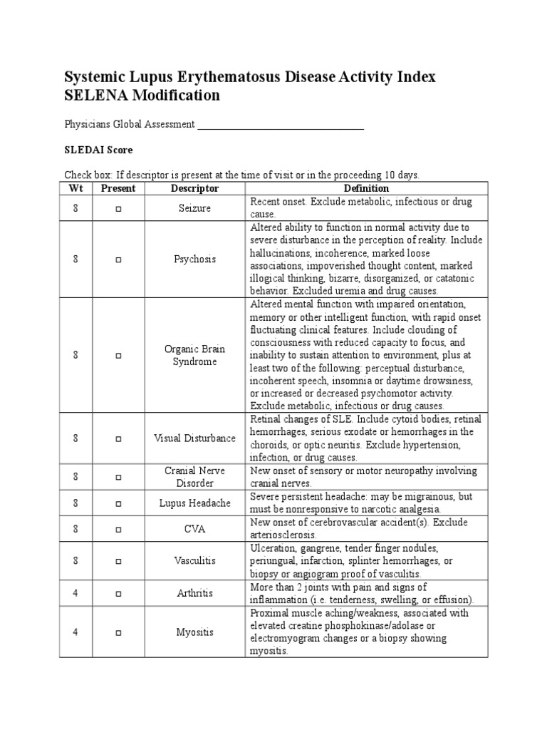 Systemic Lupus Erythematosus Disease Activity Index SELENA Modification | PDF | Systemic Lupus ...
