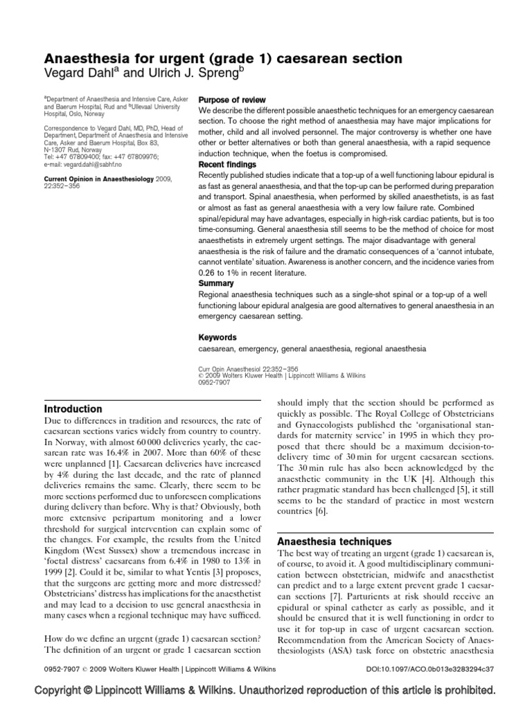 Anaesthesia For Urgent (Grade 1) Caesarean Section: Vegard Dahl and Ulrich J. Spreng | PDF ...