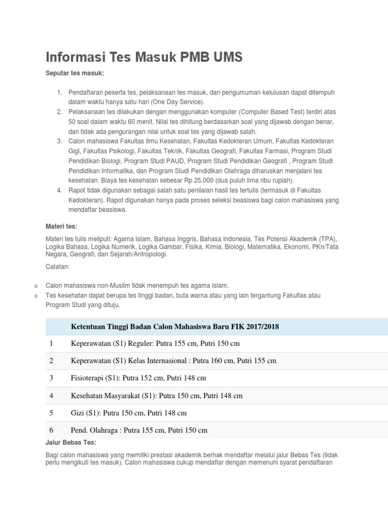 Informasi Tes Masuk PMB UMS | PDF