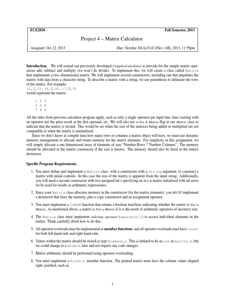 Project 4 Matrix Calculator Pdf Constructor Object Oriented Programming Programming