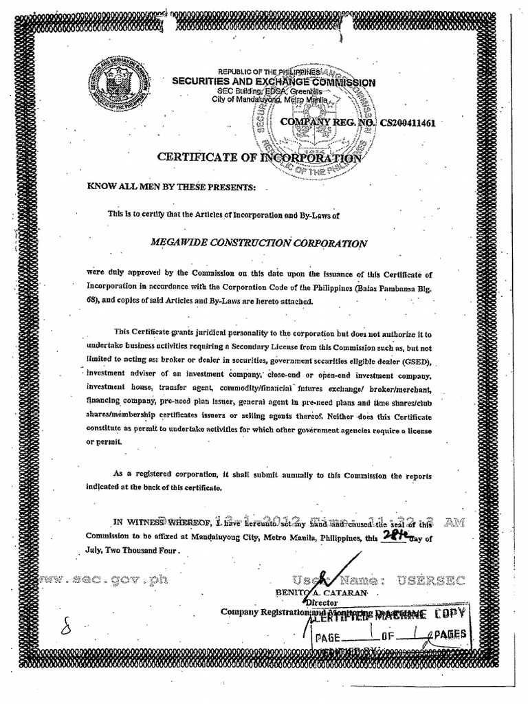 Securities And Exchange Commission Certificate Of Registration