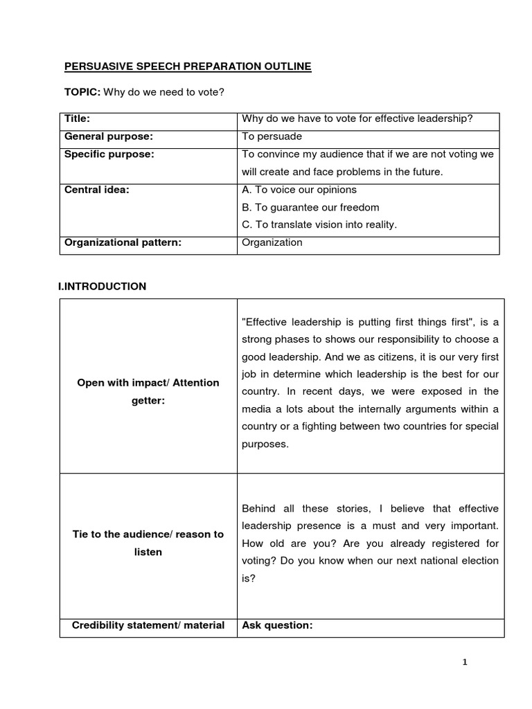 Persuasive Speech Outline Mla Persuasive Speech Assignment | PDF