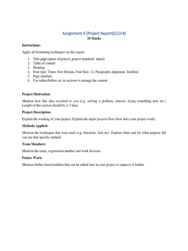 Assignment 4 (Project Report) (CLO:4) : 10 Marks Instructions | PDF