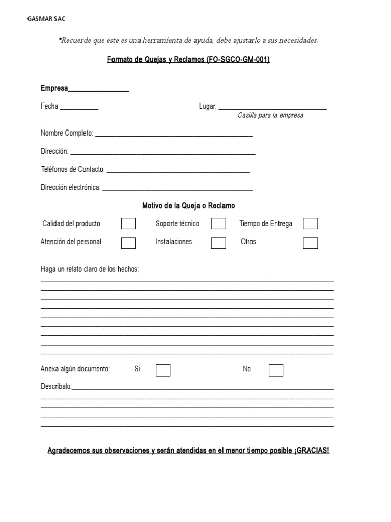 Formato de Quejas y Reclamos | PDF