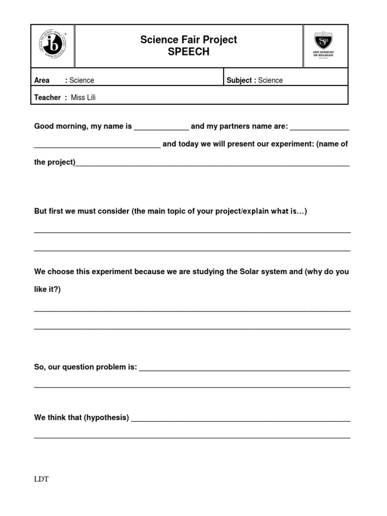 Science Fair Project Speech: Area: Science Subject: Science Teacher ...