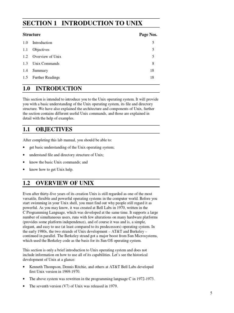 Section 1 Introduction To Unix Structure Page Nos Pdf Unix 4528