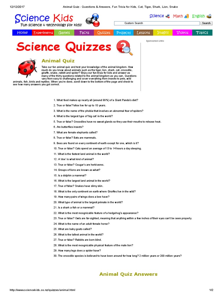 Animal Quiz Questions & Answers: Fun Trivia For Kids | PDF | Mammals | Cats