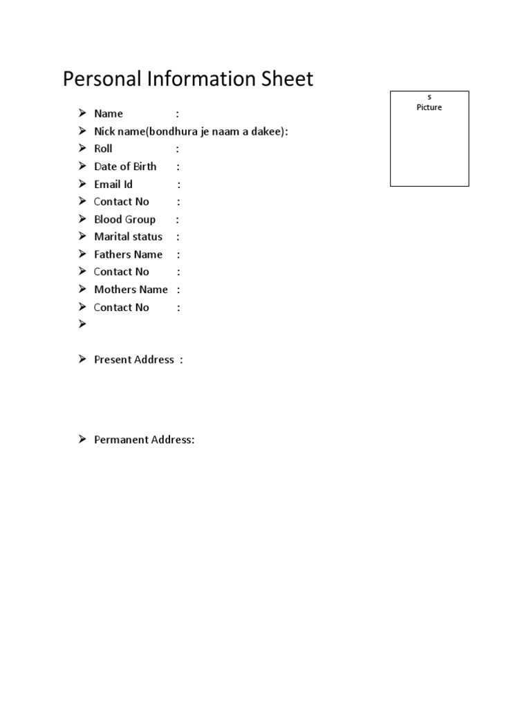 Personal Information Sheet: S Picture | PDF