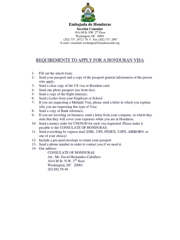 Requirements To Apply For A Honduran Visa: Embajada de Honduras | PDF