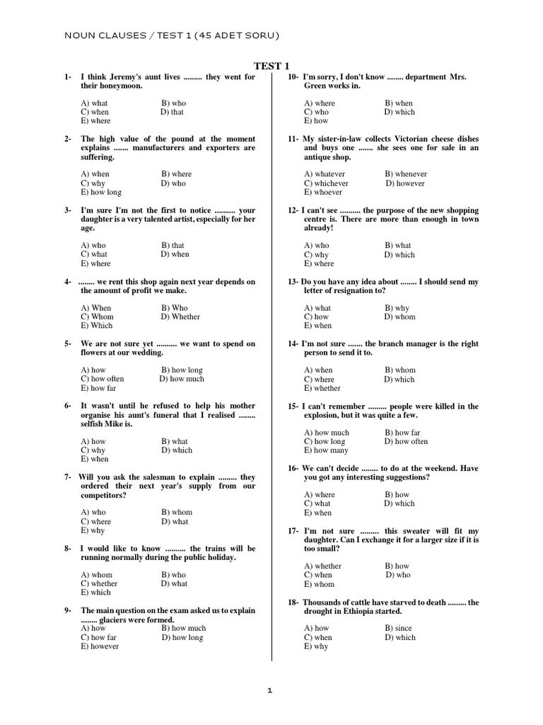 Test 1: Noun Clauses / Test 1 (45 Adet Soru) | PDF